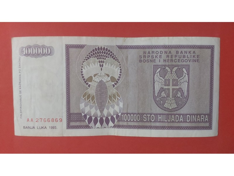 100.000 dinara 1993 god Republika Srpska Vf