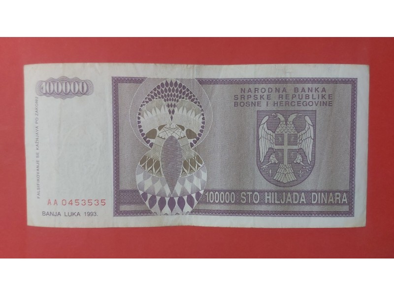 100.000 dinara 1993 god Republika Srpska Vf