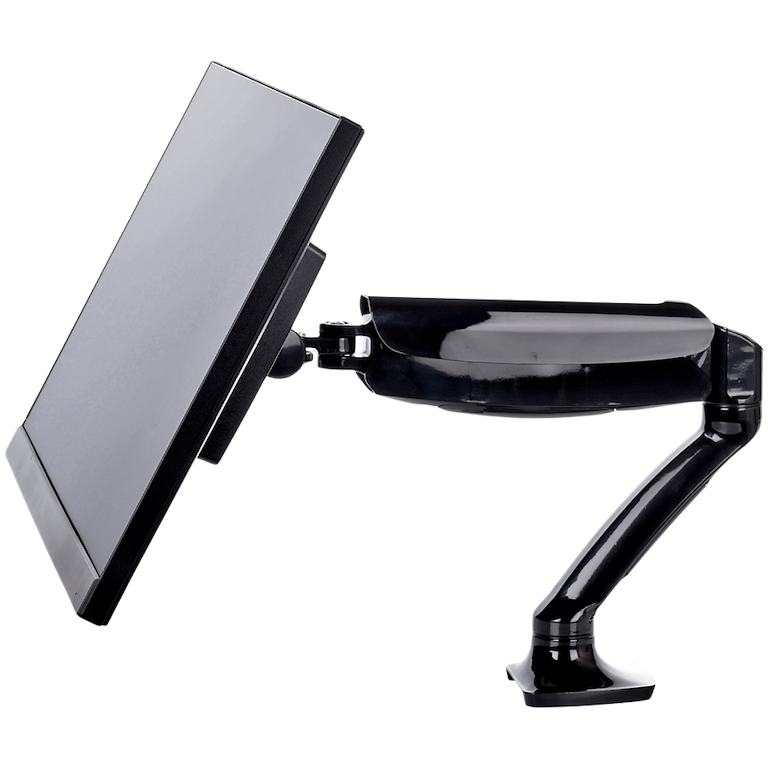 FLEXIBLE DESK MOUNT FOR SINGLE MONITOR WITH HEIGHT ADJUSTABLE GAS SPRING. DESKMOUNT WITH CLAMP OR GROMMET. MONITOR SIZE 10~27′, VESA 75×75 OR 100X100MM