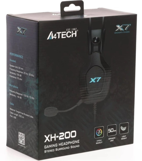 A4-XH-200 A4TECH X7 GEJMERSKE SLUSALICE SA MIKROFONOM, SURROUND, 50MM/16OHM, USB, LED, BLACK
