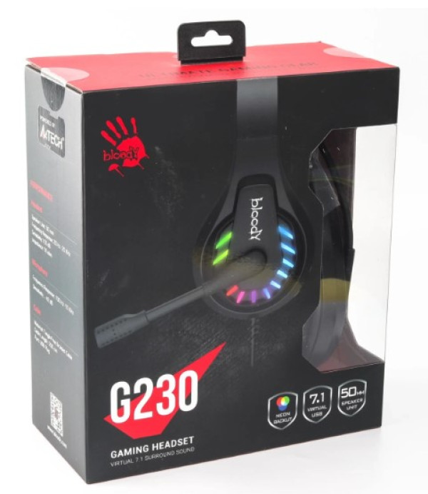 A4-G230 A4TECH BLOODY GEJMERSKE SLUSALICE SA MIKROFONOM, 7.1 SURROUND, 50MM/16OHM, NEON, USB BLACK
