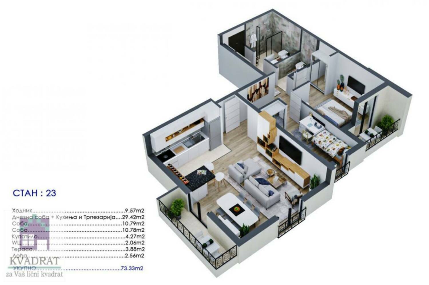 Dvoiposoban stan u izgradnji 73m2, PK, Rvati, Obrenovac – 124.465€