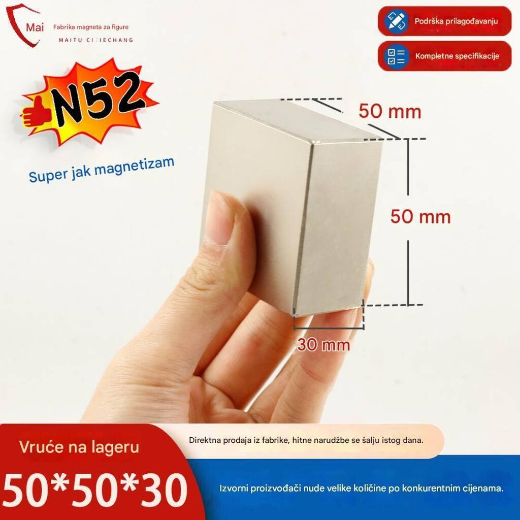 N52 neodijumski magnet – blok 50 × 50 × 30 mm - Tip: Super jak