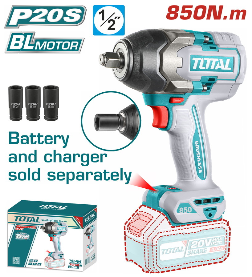 TOTAL BL-Litijum-jonski udarni odvijač 1/2",20v, 850Nm,tri brzine, SOLO TIWLI20851ID EK000801090