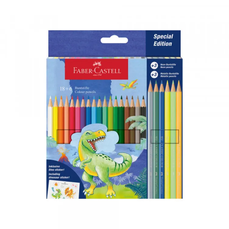 Drvene Bojice Faber Castell Dino Klasik 1/18+3 met+3 neon + stikeri 111222
