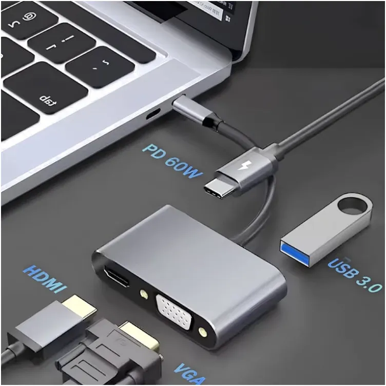 4u1 USB HUB, HDMI+USB-A+VGA i USB-C(PD)