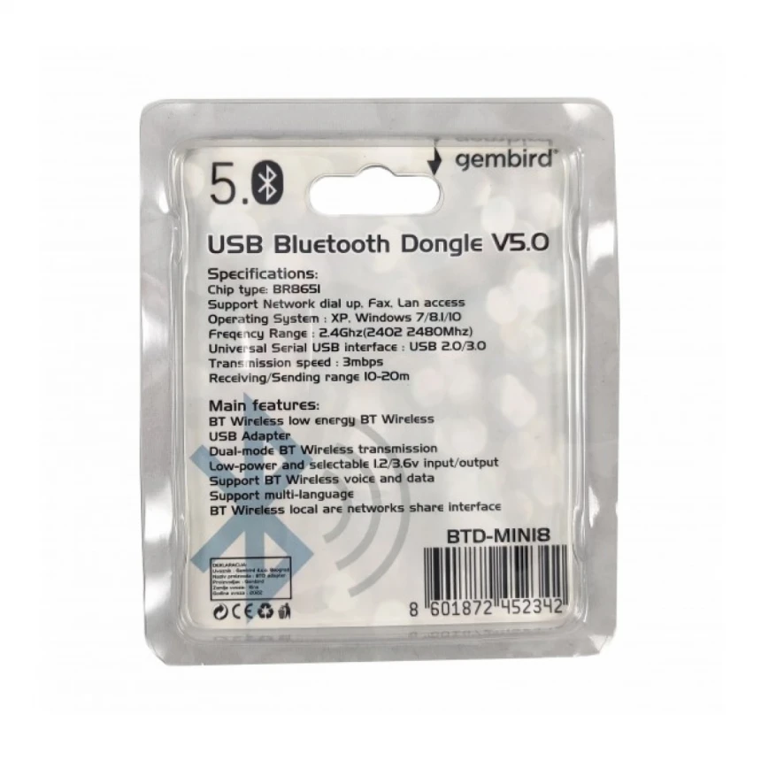 BTD-MINI8 ** Gembird USB2.0/3.0 Bluetooth dongle v5.0, 2.4Ghz 3MB/s(24Mbps) 8dBm 20m BR8651(399)