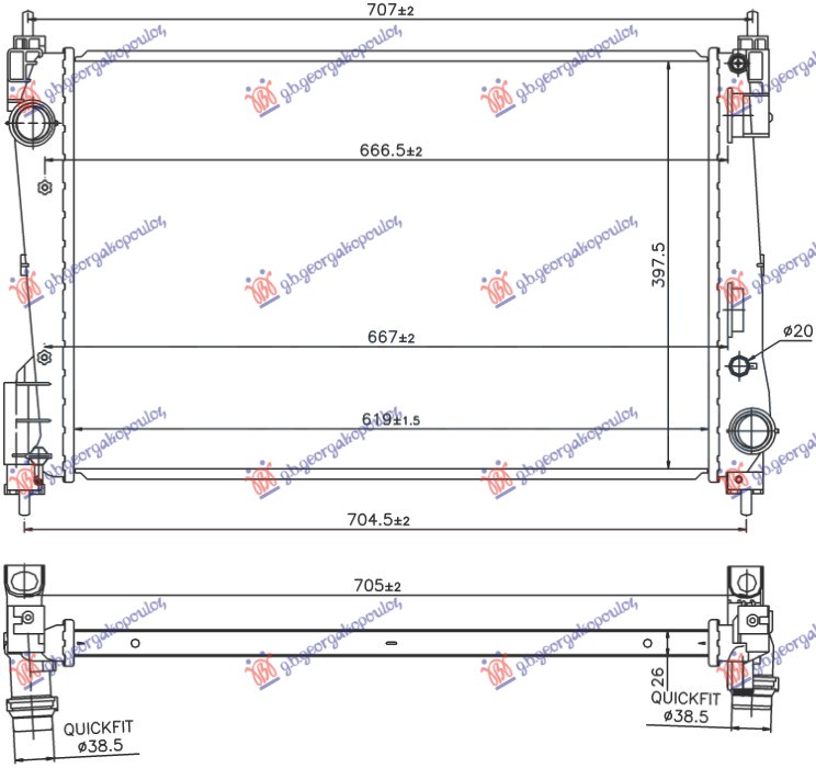 HLADNJAK MOTORA BENZIN/DIZEL (619x398x26) (VALEO) OPEL COMBO (COMBI/CARGO) (2012-2018) (OEM: 1300296, 1300329, 1300415)