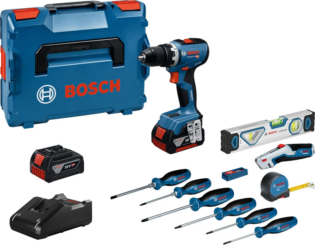 Bosch Set aku alata Bušilica odvrtač GSR 18V-65, 2×5.0Ah akumulatora, Set ručnih alata, 2×L-BOXX kofera, Punjač GAL 18V-40