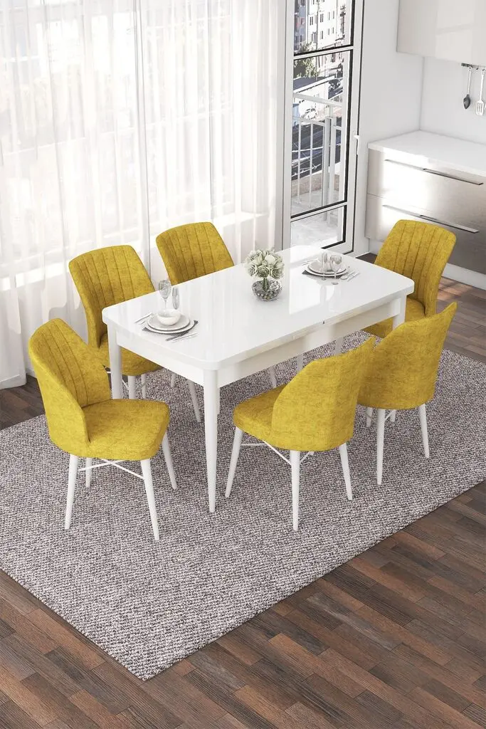Hanah Home Set Trpezarijski sto i 6 stolica Nef, Žuto-beli