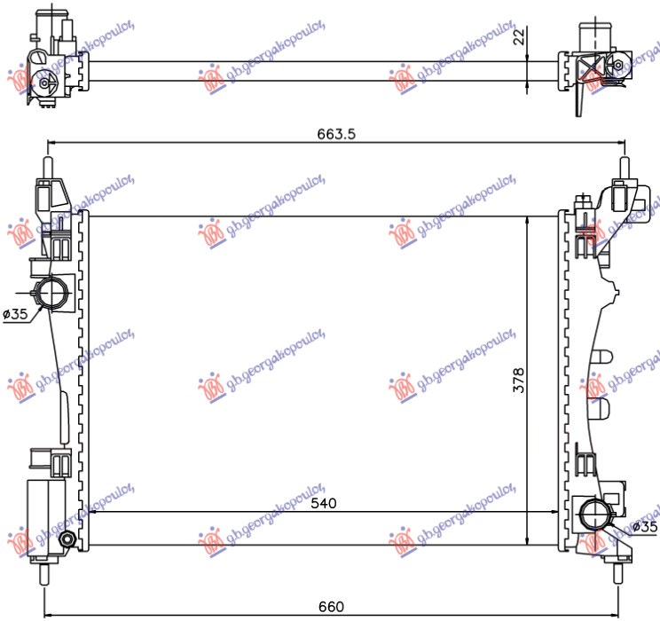 HLADNJAK MOTORA ZA SVE MODELSE BENZIN (MAN/AUTO) (+/-AC) (54×37.5) (NISSENS) Desna str. FIAT GRANDE PUNTO (2005-2012) (OEM: 51864284, 55700447)