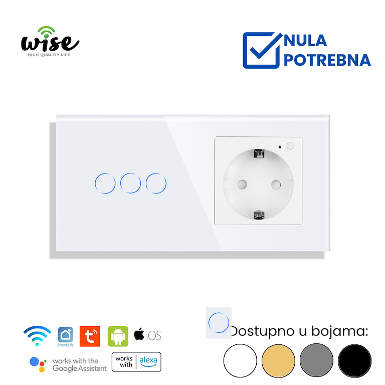 Wise modularni set pametan prekidač
2t + pametna utičnica, stakleni panel