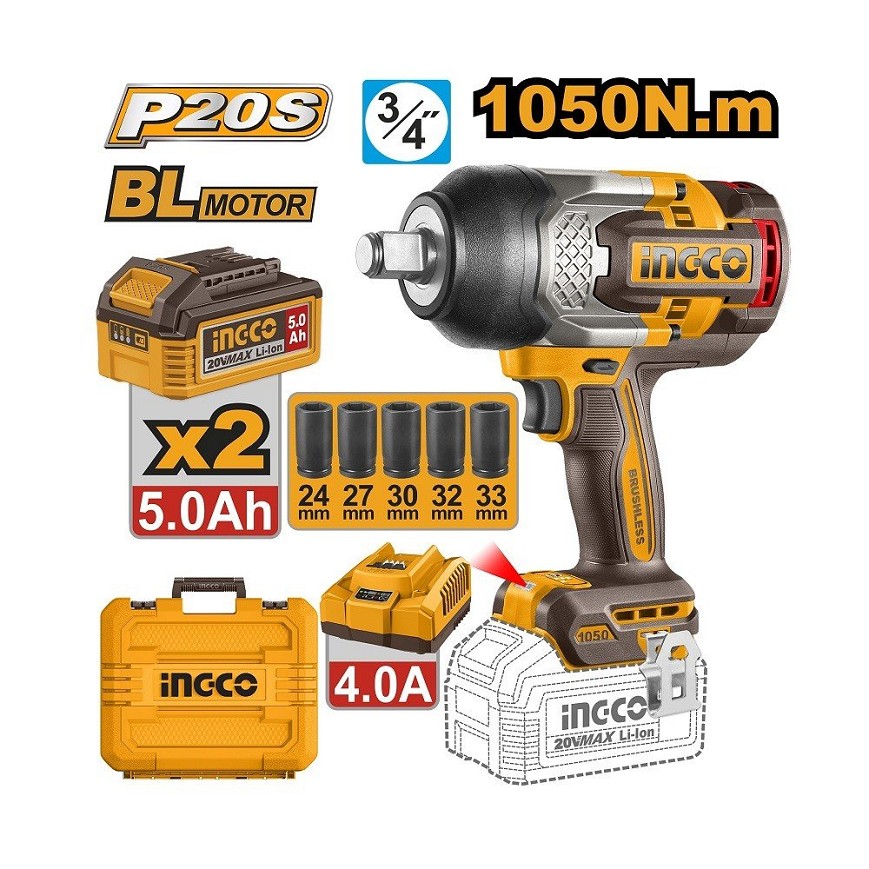 Ingco CIWLI20105E 3/4″ 1050Nm Akumulatorski udarni odvijač 2×5,0Ah