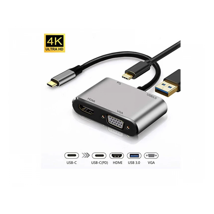 FAST ASIA Adapter-konvertor TIP C na HDMI 4K+VGA+1xUSB 3.0+TIP C