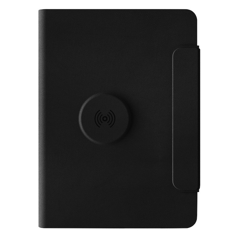 GLOBAL 2IN1, portfolio sa notesom a5, pomoćnom baterijom 5.000 mah, bežičnim punjačem za dva uređaja i magnetom u poklon kutiji, crni