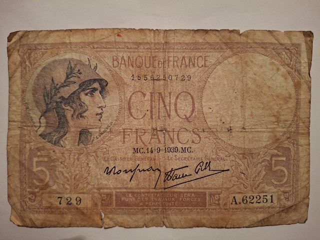 5 franaka 1939 FRANCUSKA