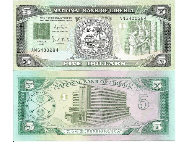 LIBERIA 5 dollars 1991. UNC