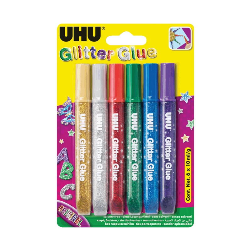 LEPAK GLITTER GLUE 10ML PK6 UHU BLISTER