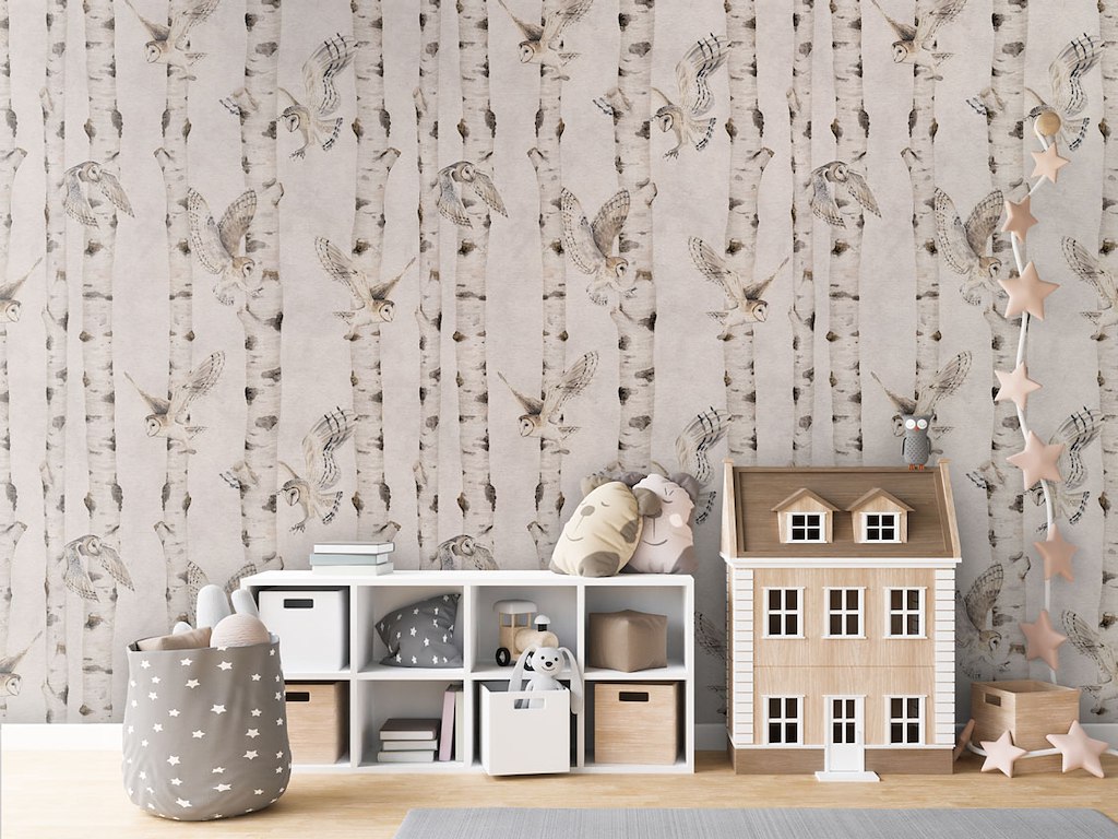 Birch and Owls White – Mural