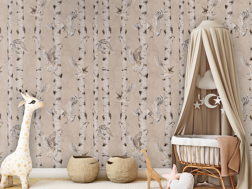 Birch and Owls Beige – Mural