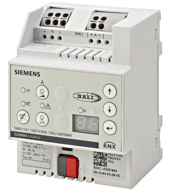 KNX/DALI Gateway, for max. 64 DALI-EVGs
Info: Can be parameterized from ETS version 5 or higher, an Ethernet interface is also available.