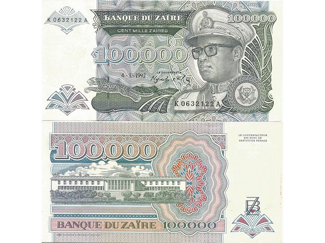 ZAIRE 100.000 zaires 1992. UNC