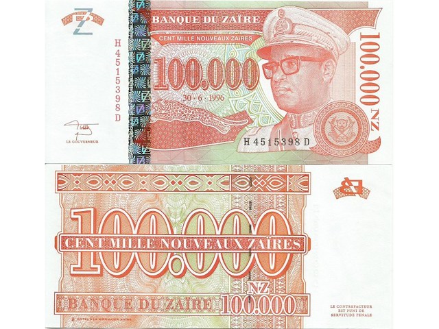 ZAIRE 100.000 nouveaux zaires 1996. UNC