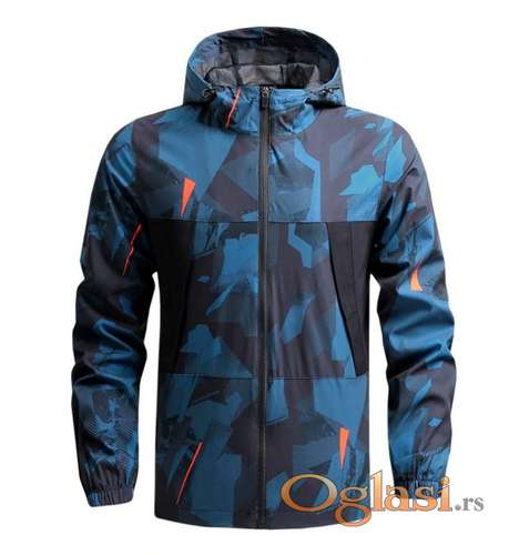 Boyfriend Style Men Geo Print Zip Up Hooded Windbreaker Jacket