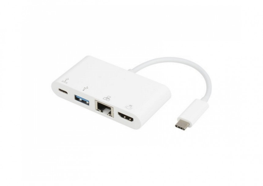 Adapter USB 3.1 tip C (M) - HDMI + USB3.0 + RJ45 + tip C (F) beli