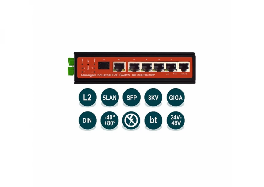 Wi-Tek WI-PMS305GF-I 5GE+1SFP Ports 48V L2 Managed Industrial PoE Switch with 4-Port PoE