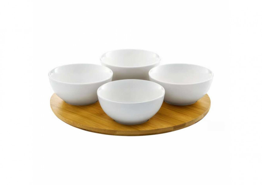 DAJAR DJ45576 PORCELANSKI SET 4 OVALNE ČINIJE SA DASKOM OD BAMBUSA