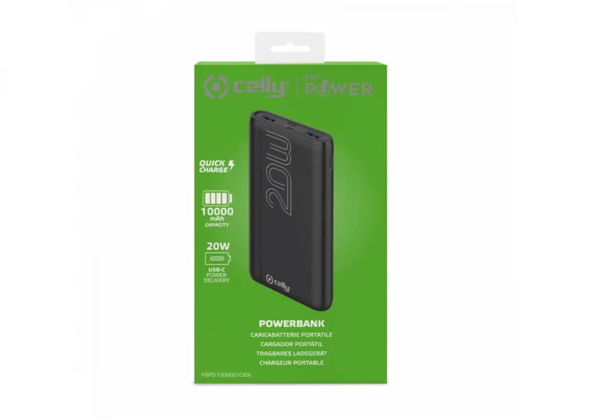 Celly power bank 10000 mAh 20W + kabl Type-A na Type-C crna