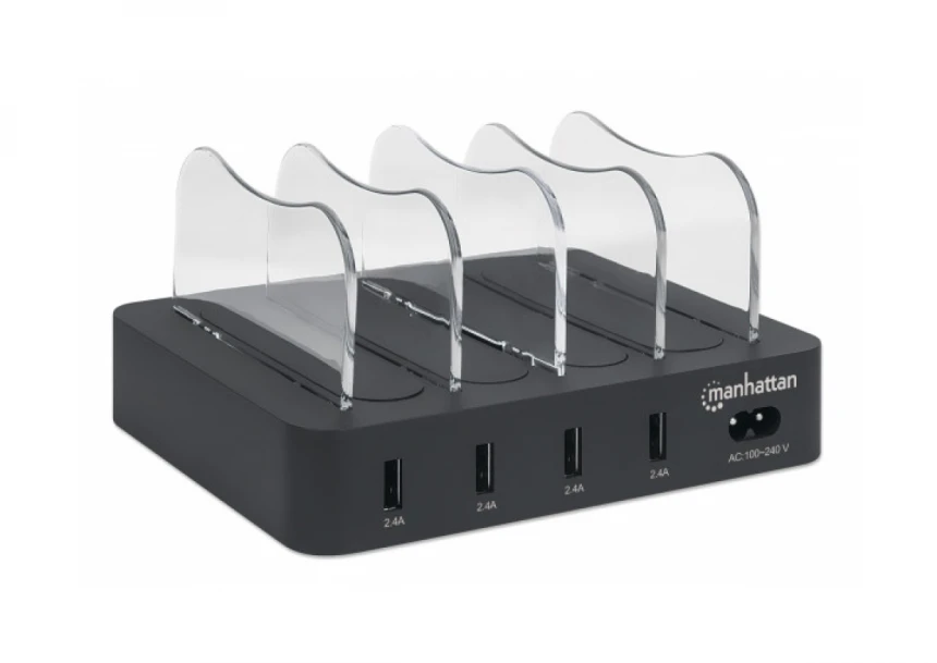 USB punjač 4-port Manhattan 102261 5V/2.4V/34W/držač za telefon Crni