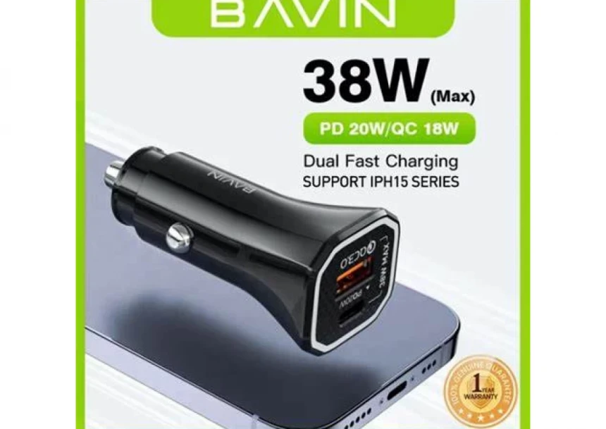 Bavin auto punjač max 38W PD20W+ QC3.0 USB-A + USB-C crna