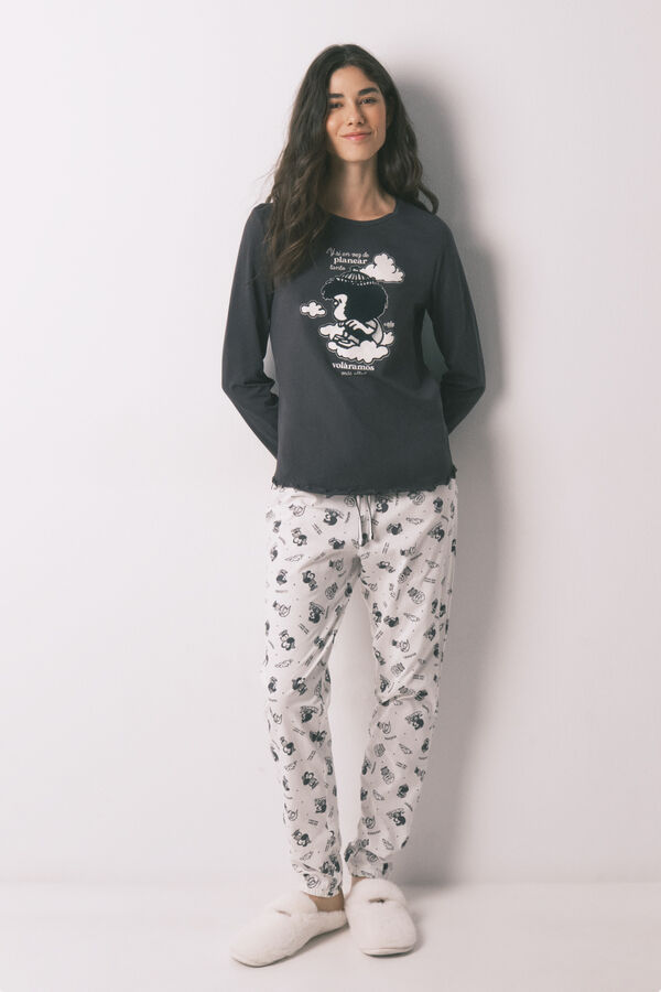Grauer 100% Baumwoll-Mafalda-Print-Pyjama lang