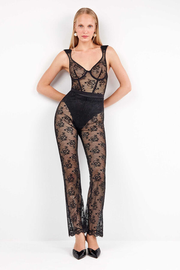 Delicate sheer floral lace stretch long trouser