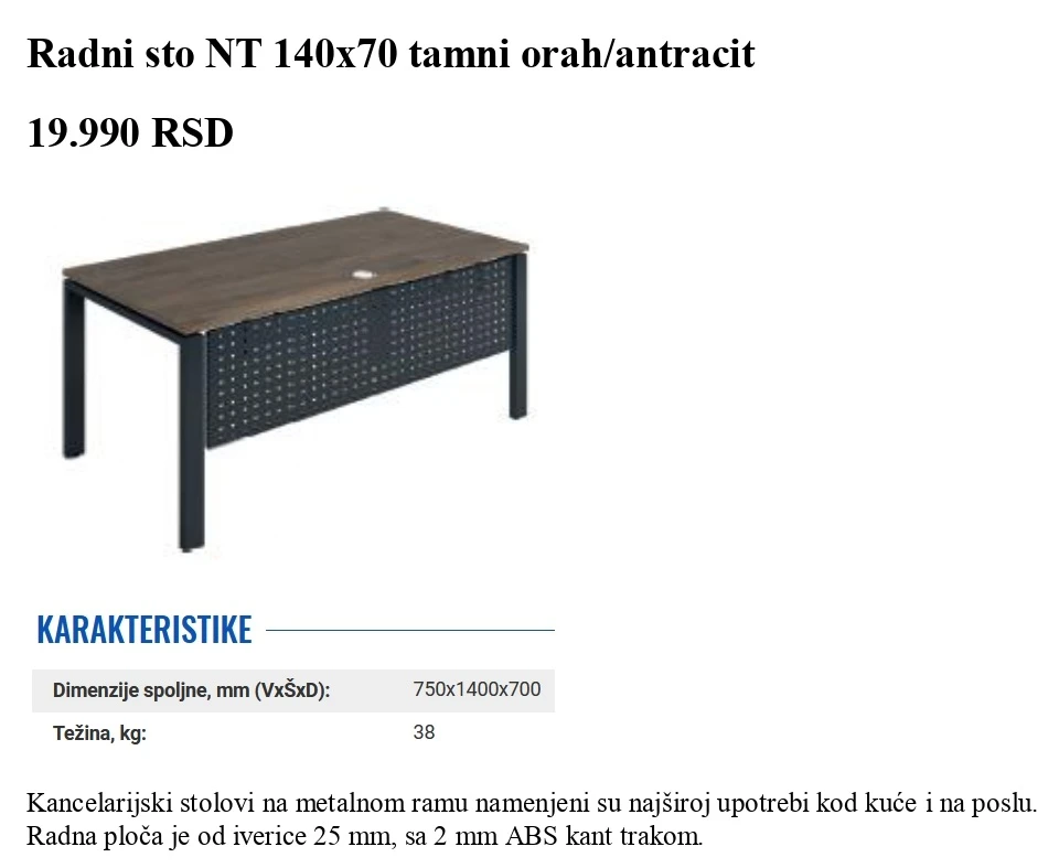 Radni sto NT 140x70 tamni orah/antracit