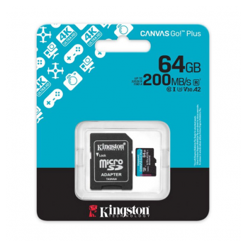 Micro SD kartica Kingston 64GB Canvas GO! Plus Class 10 UHS-I U3 V30 A2 Read up to 200MB/s for 4K and FullHD video recording w/SD adapter