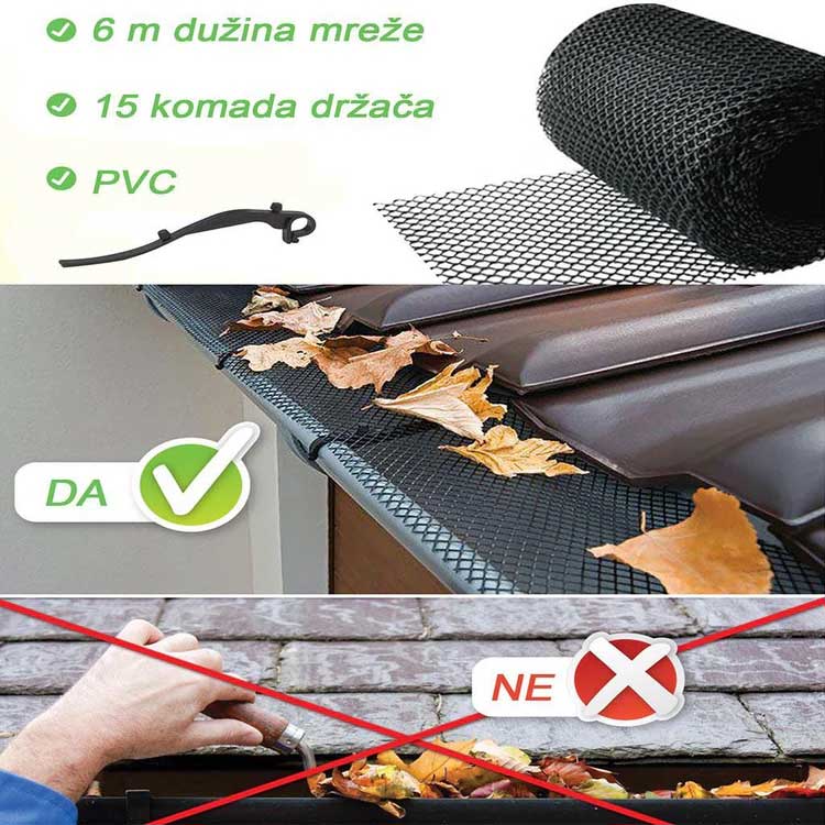 Zaštitna PVC mreža za oluke sa držačima 16x600cm