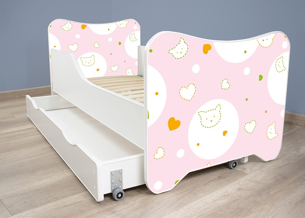 Dečiji krevet sa dušekom, letvicama i fiokom 160x80 cm Happy kitty