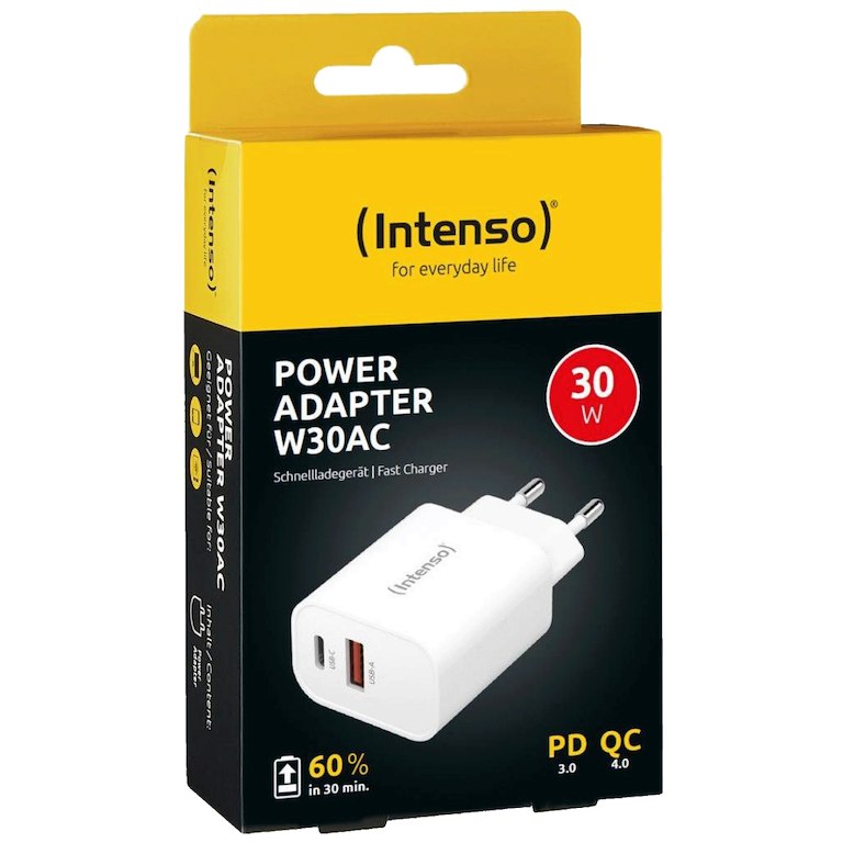 (Intenso) Punjač kućni, brzi, 1 x USB-A, 1 x UCB-C, 3A, 30W - Power Adapter W30AC