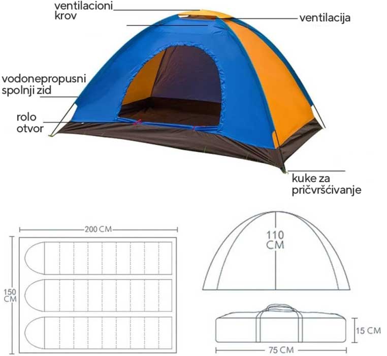 Šator za tri osobe 200x150x110cm 24-1267