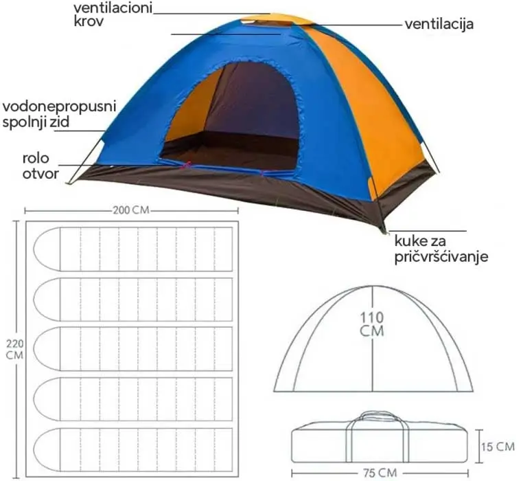 Šator za pet osoba 200x220x110cm 24-1268