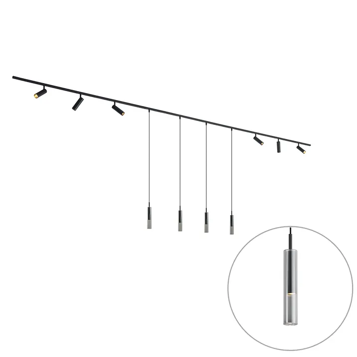 Moderan šinski sistem crne boje sa 6 reflektora i 4 viseće svetiljke 1-fazni - Slimline Uzzy Loyce