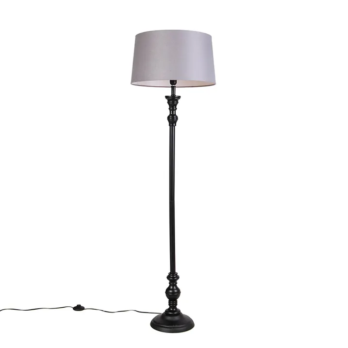 Podna lampa crna sa platnenim abažurom sive boje 45 cm - Classico