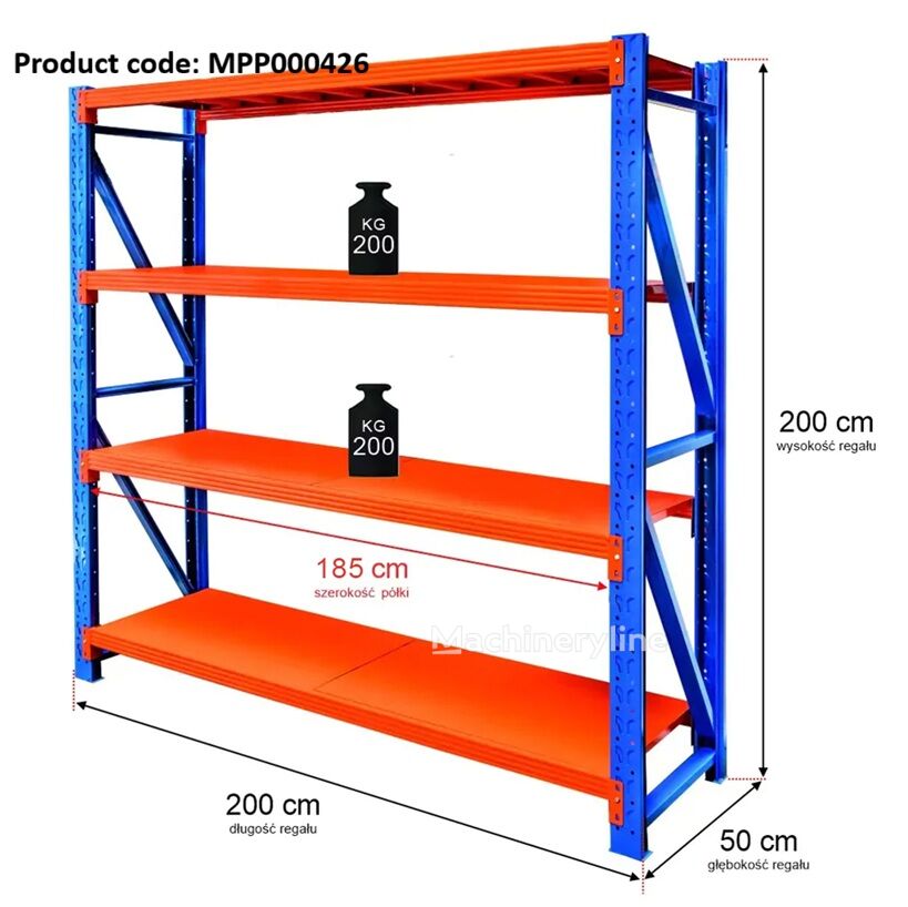Novi Mega-M Regał metalowy magazynowy 4-półkowy Mega-M FORTIS LIGHT H-200 cm regal sa policama