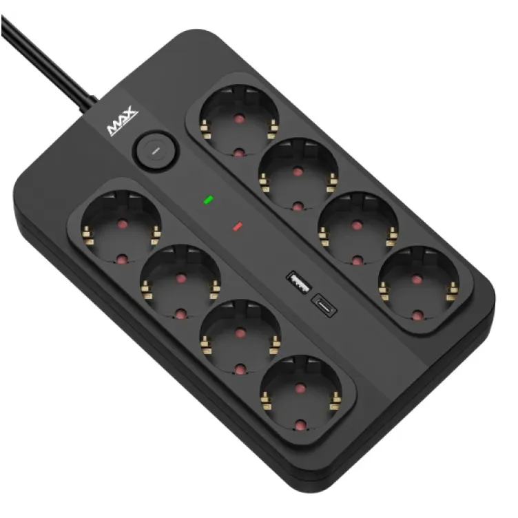 Produžni kabl sa prenaponskom zaštitom sa 8 utičnica MAX MPS-908SB-3M/3m/USB A & USB C port