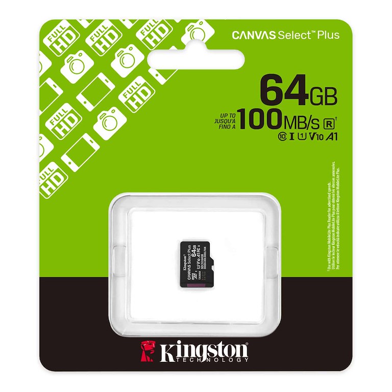 Kingston MicroSD 64GB, Canvas Select Plus, Class 10 UHS-I U1 V10 A1, Read up to 100MB/s