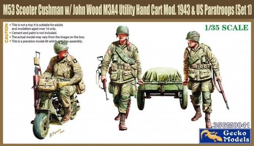 Gecko Models 35GM0041 M53 Scooter Cushman w/John Wood M3A4 Utility Hand Cart Mod.1943 & US Paratroops (Set 1)