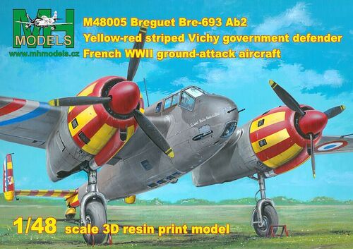 MH Models M48005 Breguet Bre-693 Ab2 - Yellow-Red Striped Vichy Government Defender, French WWII Ground-Attack Aircraft